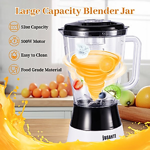 JUSANTE Kitchen Blender, 500W Countertop Blender with 52oz Plastic Jar for Smoothies Milkshake Desserts Nut Butter, Cocktails Sauces (White)