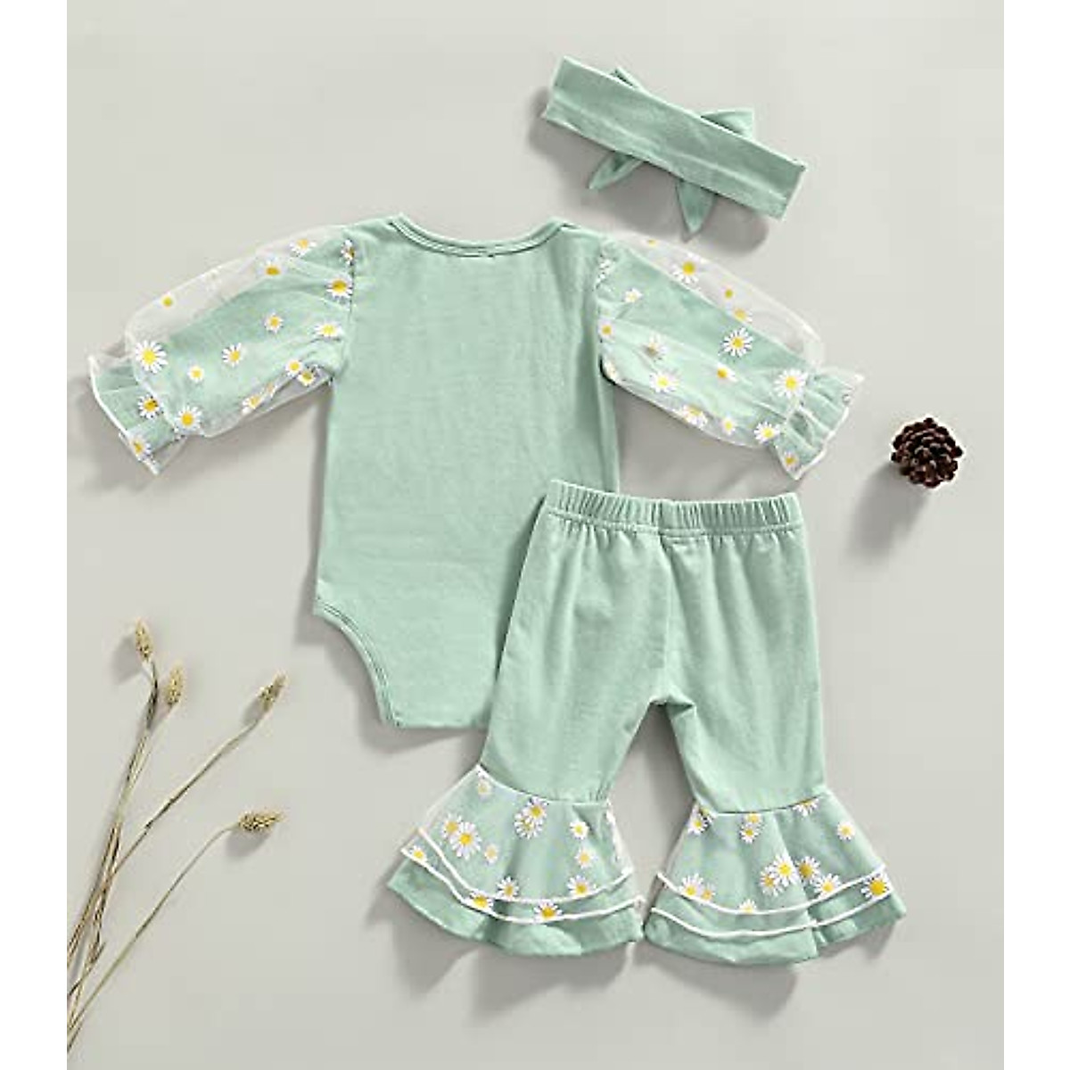 Baby Girls Bell Bottoms 3Pcs Daisy Outfits Mesh Patchwork Playsuit Flared Pants Headband (Green, 6-12 Months)