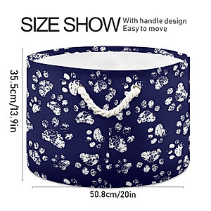 ALAZA Large Storage Basket for Toys White Dog Printed Blue Round Blanket Basket Laundry Hamper Canvas Organizer Bin Box Cotton Rope Collapsible Bucket Pillow Home Decor