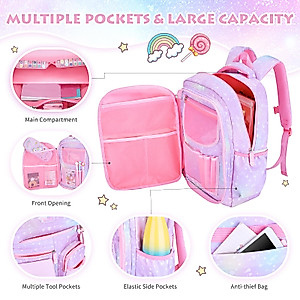 Backpacks for Girls, Kids Backpack School Bookbags with Insulated Lunch Box for School Elementary Girl, School Bag with Laptop Compartments, Galaxy Purple