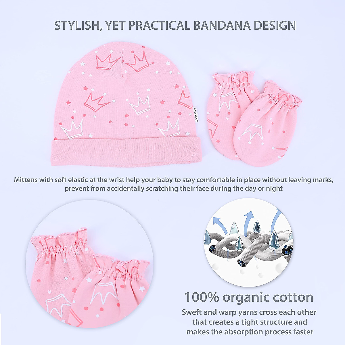 DOKMA Organic Cotton Baby Mittens and Caps Set - Mittens for Newborn 0-6 Months - Ultra Soft, No Scratch - 5 Caps x 3 Mittens