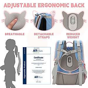 AUOBAG Kids Backpacks Girls Backpack Kitten Girl Bookbag Suitable for Elementary School (Blue)