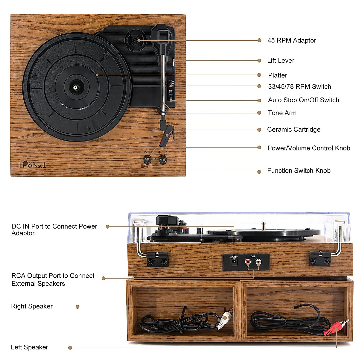 LP&No.1 Record Player, Wireless Turntable with Stereo Bookshelf Speakers,Vinyl Record Player,Support Wireless,Auto-Stop.(Yellow Wood)