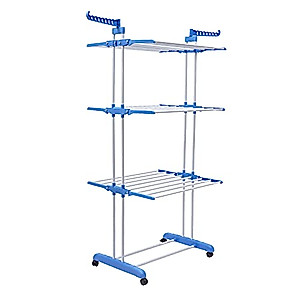 DOONARCES 4-Tier Gray Foldable Clothes Drying Rack Rolling Dryer Hanger Stand Outdoor Washing Line Clothes Dryer Storage Rack with 6 Retractable Trays&2 Side Wings, Bedroom Balcony Use (Blue)