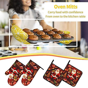 Oven Mitts and Pot Holders Set of 4 Happy Christmas Print Kitchen Oven Glove Fashion Heat Resistant Oven Gloves Set for BBQ Grill Baking Cooking Oven Microwave