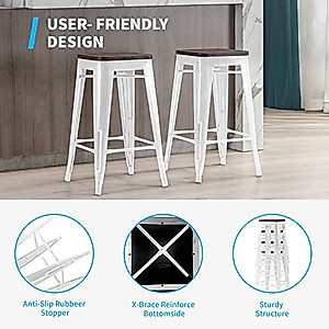 Mjkone 26.4'' Square Metal Bar Stool,Indoor Outdoor Stackable Barstools,Modern Industrial Top Bar Stools Set of 2(White)