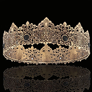 King Men Tiara Crown Imperial Medieval Headband Crystal Pageant Costumes For Birthday Party Prom Halloween Hair Accessories (Dark Gold With Black Stone)