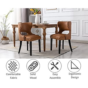 CIMOTA Mid Century Modern Dining Chairs Set of 2, Faux Leather Dining Room Chairs Upholstered Armless Side Chairs with Open Back/Nailhead Trim for Kitchen/Dining Room/Living Room, PU Brown/2PCS