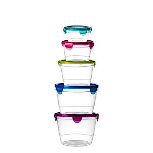 Imperial Home 10 Pc Food Storage Set, Plastic Containers for Food, Airtight Lock Lids, Reusable, Microwave, Refrigerator, & Freezer Safe, 100% Leak Proof, BPA-Free, Stain Resistant, Multicolor Round