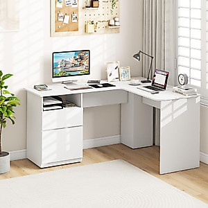Tangkula L-Shaped Desk with 2 Storage Drawers, 59” Corner Computer Desk with File Drawer & Open Shelf, Computer Workstation with 2 Cable Management Holes, Space-Saving Executive Office Desk (White)