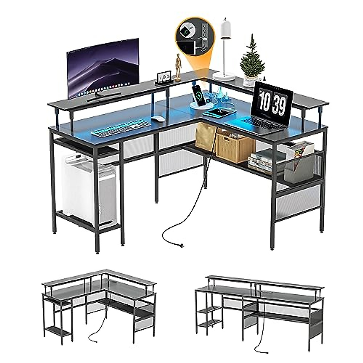 WASAGUN 55" Gaming Desk L Shaped with Power Outlet and LED Lights,Corner Computer Desk with Monitor Stand Storage Shelves for Home Office Gamer Desk