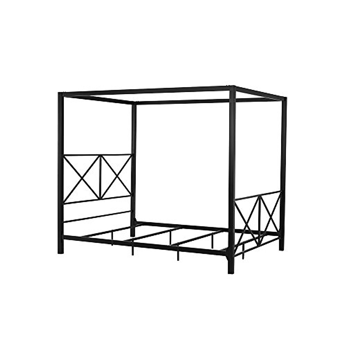 DHP Rosedale Metal Canopy Bed Frame with Four Poster Design and Geometric Accented Headboard and Footboard, Underbed Storage Space, Queen, Black