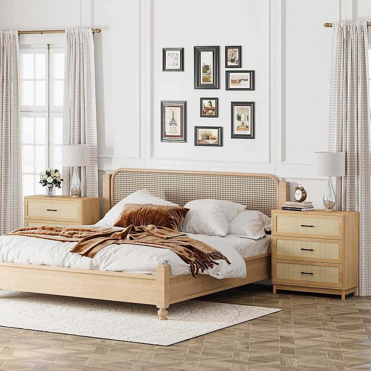 Vrullu 3 Drawer Dresser for Bedroom, Natural Rattan Modern Chest of Drawers, Wood 3 Drawer Nightstand with Upgrade Rails, Boho Dresser for Bedroom, Hallway, Living Room (1, Natural Color)