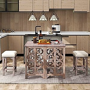 CKLMMC 3-Piece Retro Dining Set, Solid Wood Counter Height Pub Set with Foldable Table and 2 Saddle Stools for Kitchen, Small Space (Distressed Brown#Foldable)