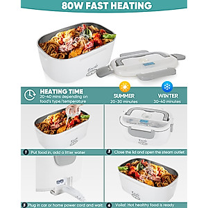 Eocolz Electric Lunch Box Food Heater Warmer 60W, 2 in 1 Portable Lunch Box for Car Truck Home Work Leak Proof with 1.5L Removable 304 Stainless Steel Container & Spoon 2 Compartments 110V 12V 24V