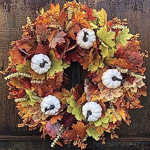 Easy Fine Fall Wreaths for Front Door 24 Inch,Farmhouse Fall Door Wreath Large,Halloween Wreath,Thanksgiving Decorations,Autumn Wreath,Fall Decor with Fall Leaves White Pumpkins Outdoor Outside