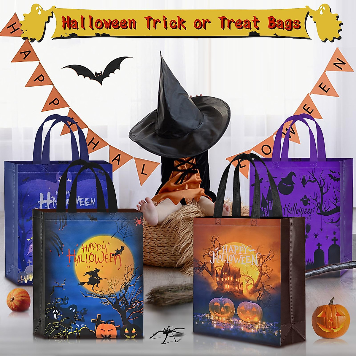 AhfuLife 6 Pcs Halloween Trick or Treat Bags, Large Halloween Candy Tote Bags with Handles, Reusable Halloween Non-Woven Gift Bags for Halloween Party Supplies Favors (15×11.8×3.9’’)