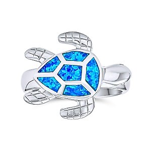 Personalized Large Nautical Tropical Beach Vacation Iridescent Blue Created Opal Inlay Sea Tortoise Turtle Ring For Women Teen .925 Sterling Silver