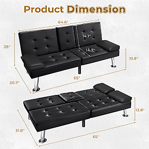 Furniwell Futon Sofa Bed Modern Faux Leather Sofa Couch for Living Room Convertible Folding Adjustable Recliner with 2 Cup Holders and Armrests (Black)
