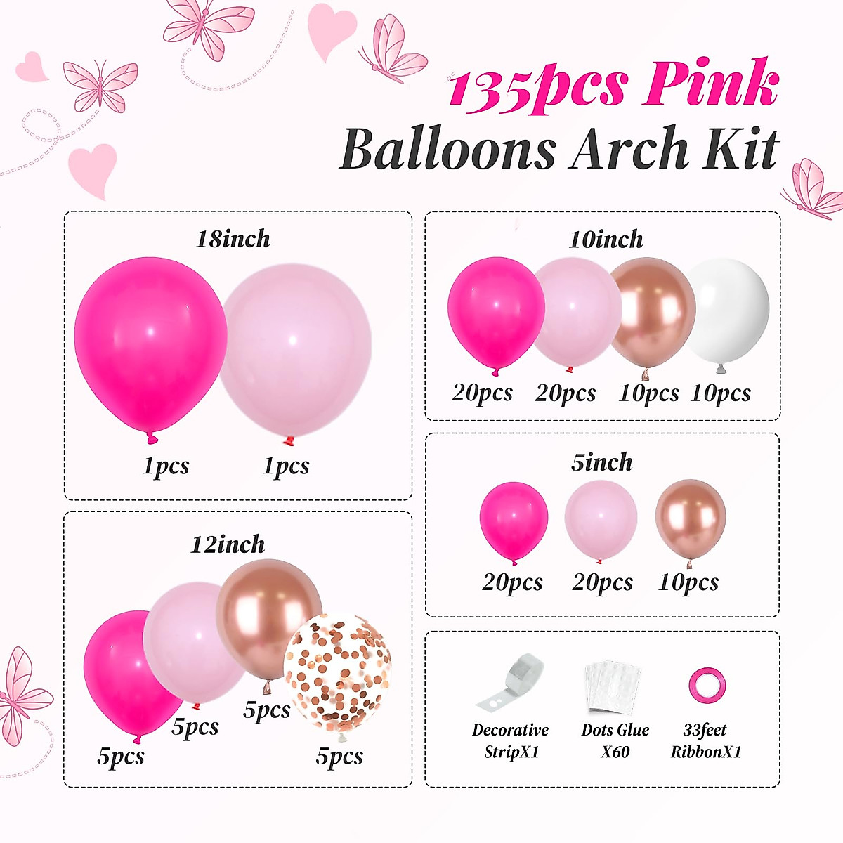 135pcs Pink Balloon Arch Garland Kit with Different Sizes Hot Pink Light Pink Metallic Rose Gold Balloons for Birthday Princess Baby Shower Bridal Shower Bachelorette Party Decorations