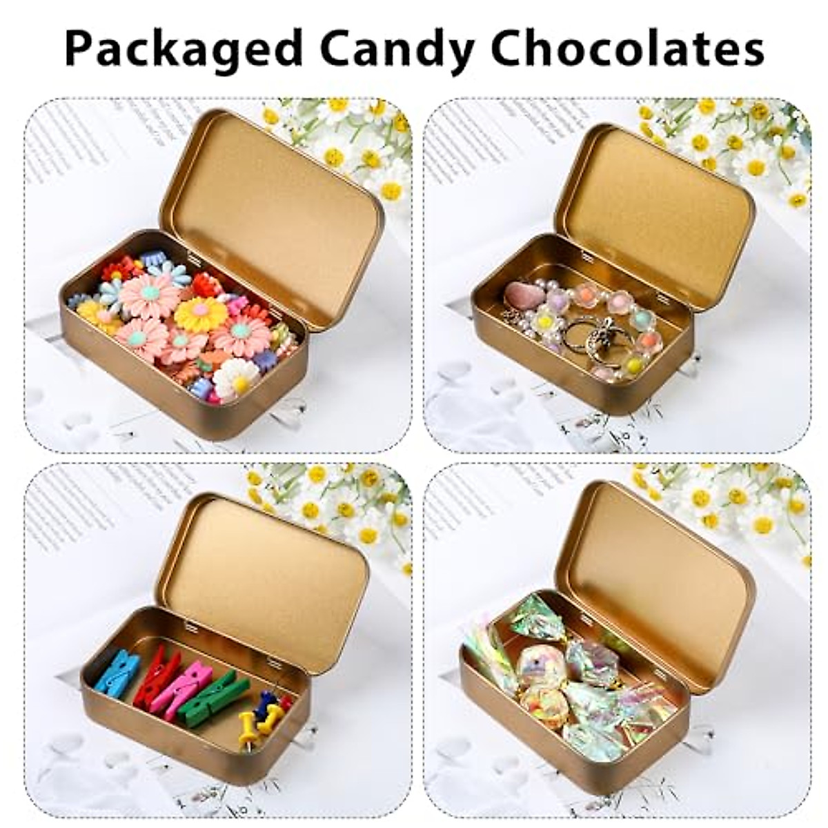 Bewudy 3 Pcs Metal Hinged Tin Box, Container Mini Portable, Small Storage Container Kit with Lid for Home Storage Outdoor Active Storage Containers Home Organizer Small Tins(Gold)