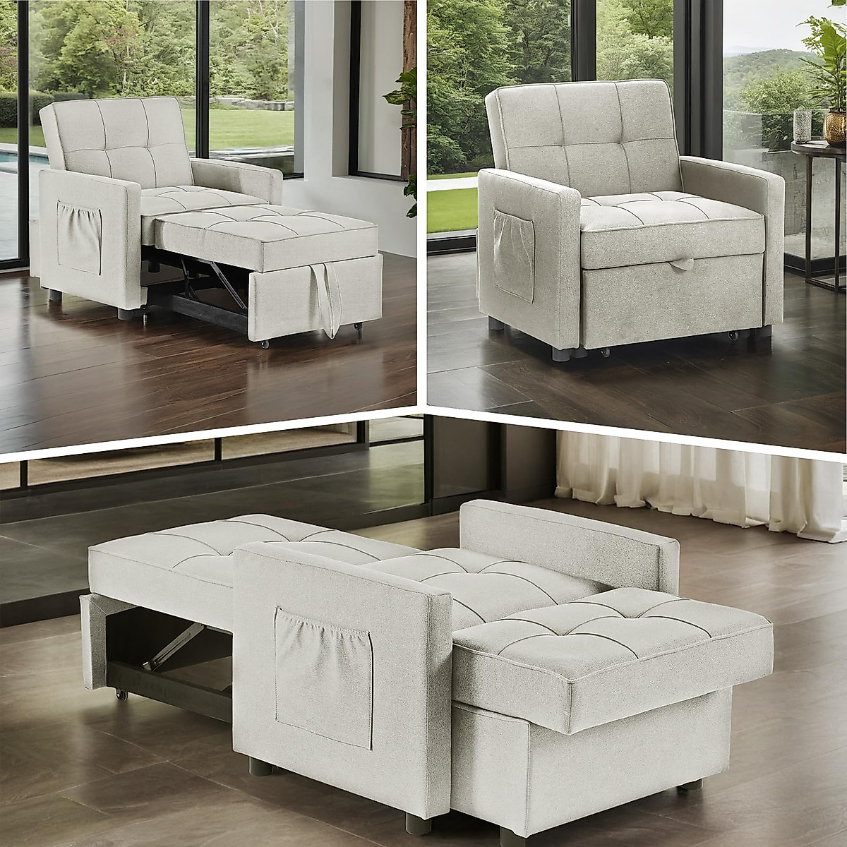 Rovibek Pull Out Sofa Chair 3 in 1 Convertible Sleeper Chair Bed Single Sofa Bed Chair Linen Sleeper Chair with Adjustable Backrest, Easy Assembly, White