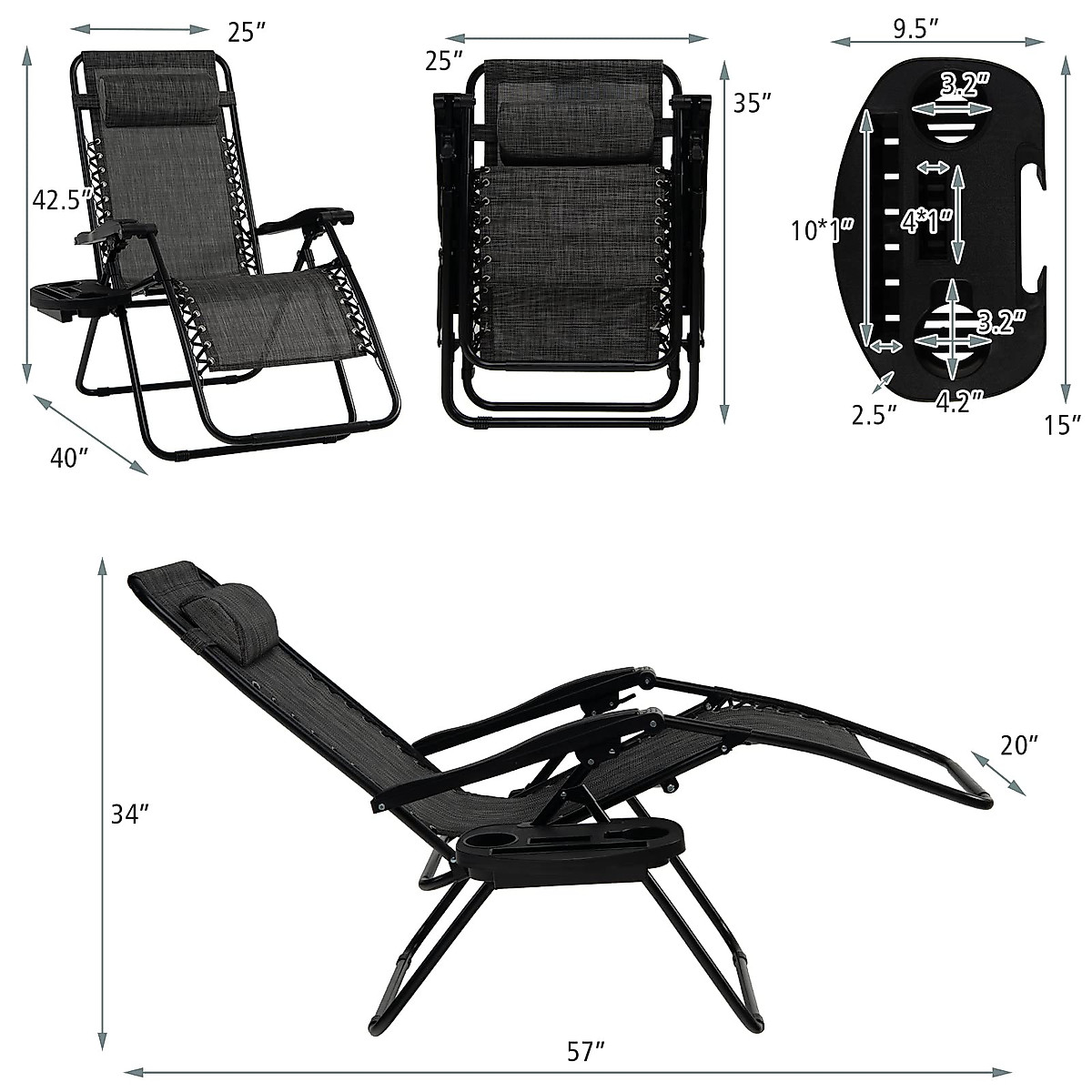 Tangkula Zero Gravity Chair, Folding Patio Lounge Chair Adjustable Outdoor Recliner with Cup Holder, Wide Armrest for Patio Garden Poolside Outdoor Yard Beach, Support 350 lbs (1, Grey)