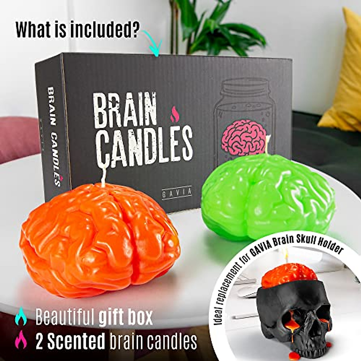 GAVIA Brain Candles - Scented Halloween Candles - Gothic Decor - Skull Decor - Gothic Candle Holder - Spooky Candle Holder - Gothic Home Decor - Spooky Gifts - Goth Room Decor - Pink & Purple