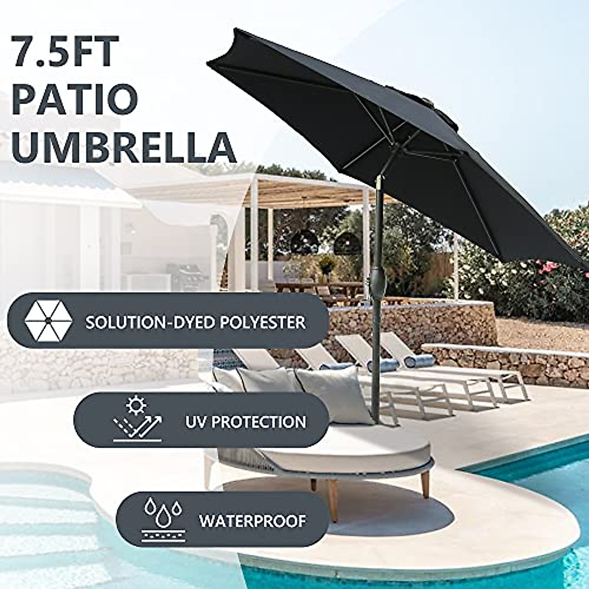 windaze 7.5ft Patio Table Umbrella - Outdoor Market Umbrella with Push Button Tilt and Crank for Garden, Lawn, Backyard, Deck, Pool and Beach, Black