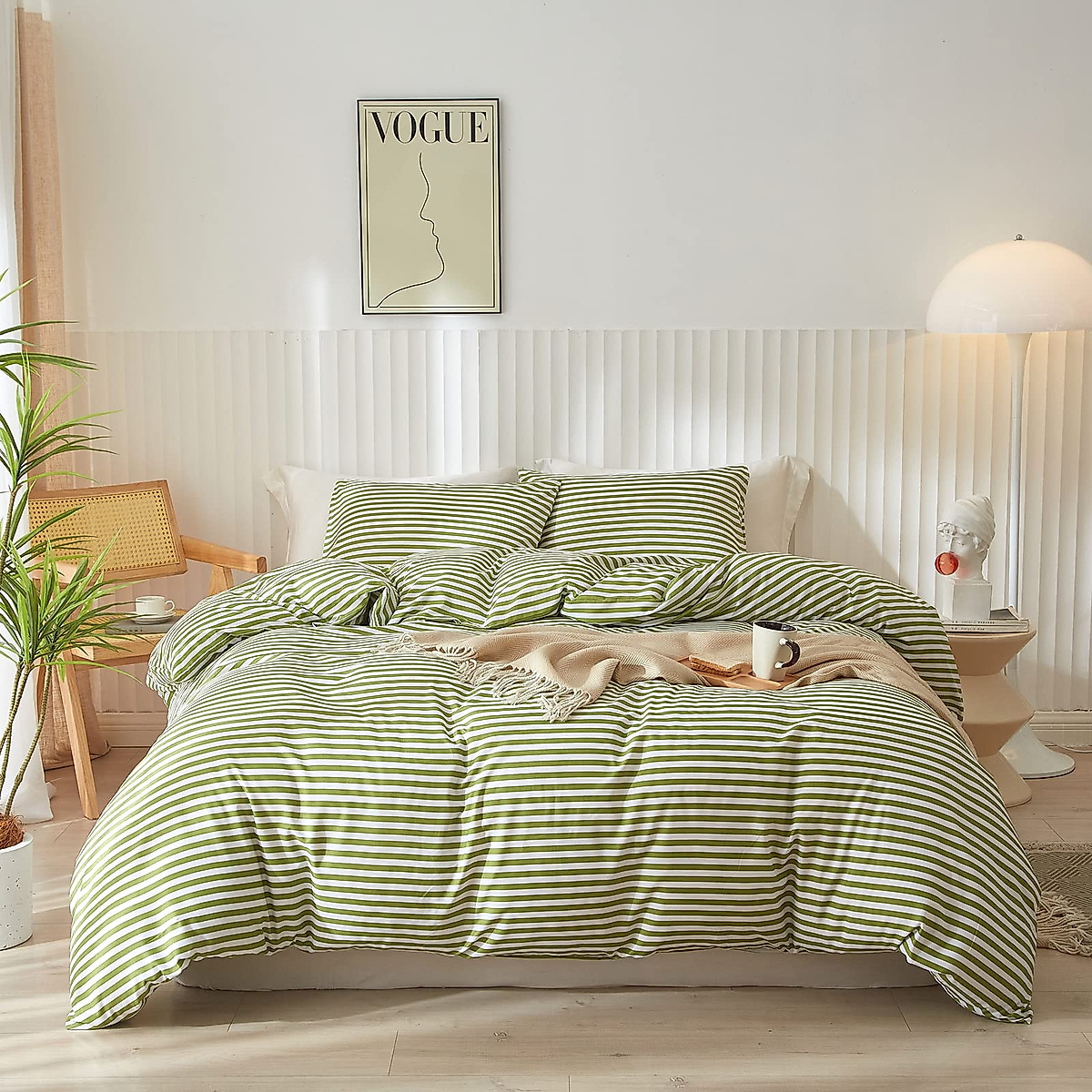 EAVD Duvet Cover Twin Green Striped Duvet Cover Soft Microfiber Green and White Striped Bedding Set with 2 Pillowcases Reversible Geometric Striped Comforter Cover with Zipper Closure