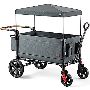 EVER ADVANCED Side-Unzip Wagon Stroller for 2 Kids, Push Pull Stroller with Adjustable Handle-Bar, Easy Access Front Zipper Door, 5-Point Harness Removable UV-Protection Canopy Shock-Absorbing Wheels