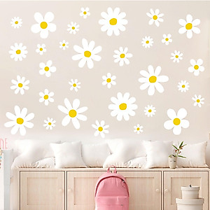 12 Sheets Daisy Wall Decals Boho Flower Wall Stickers Cute Kids Girls Room Decor Peel and Stick Floral Decals Toddler Playroom Living Room Bedroom Classroom Retro Hippie Decor Classic Style