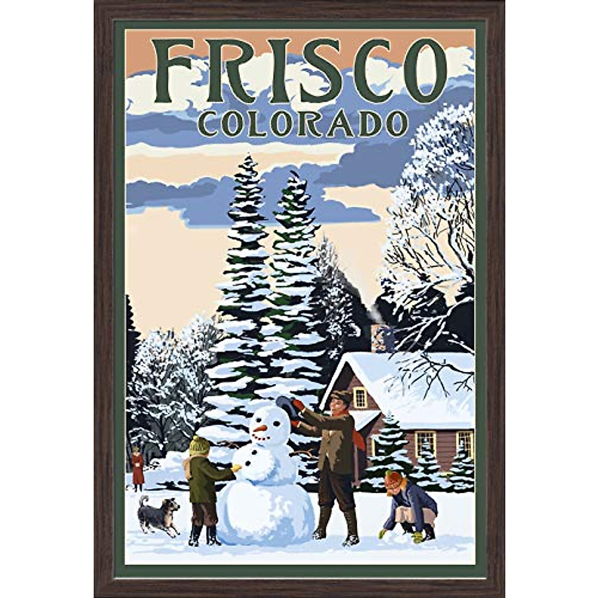 Frisco, Colorado, Snowman Scene (24x36 Giclee Fine Art Print, Recycled Wood Frame, Espresso Brown)
