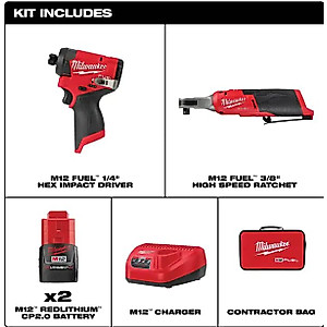 Milwaukee M12 FUEL 12V Lithium-Ion Cordless 3/8 in. Ratchet and 1/4 in. Impact Driver Kit (2-Tool) w/Batteries, Charger & Bag
