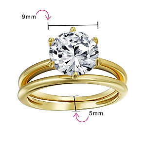 Traditional 3 CTW Round Solitaire 6 Prong AAA CZ Engagement Anniversary Wedding Band Ring Set For Women Yellow 14KGold Plated.925 Sterling Silver