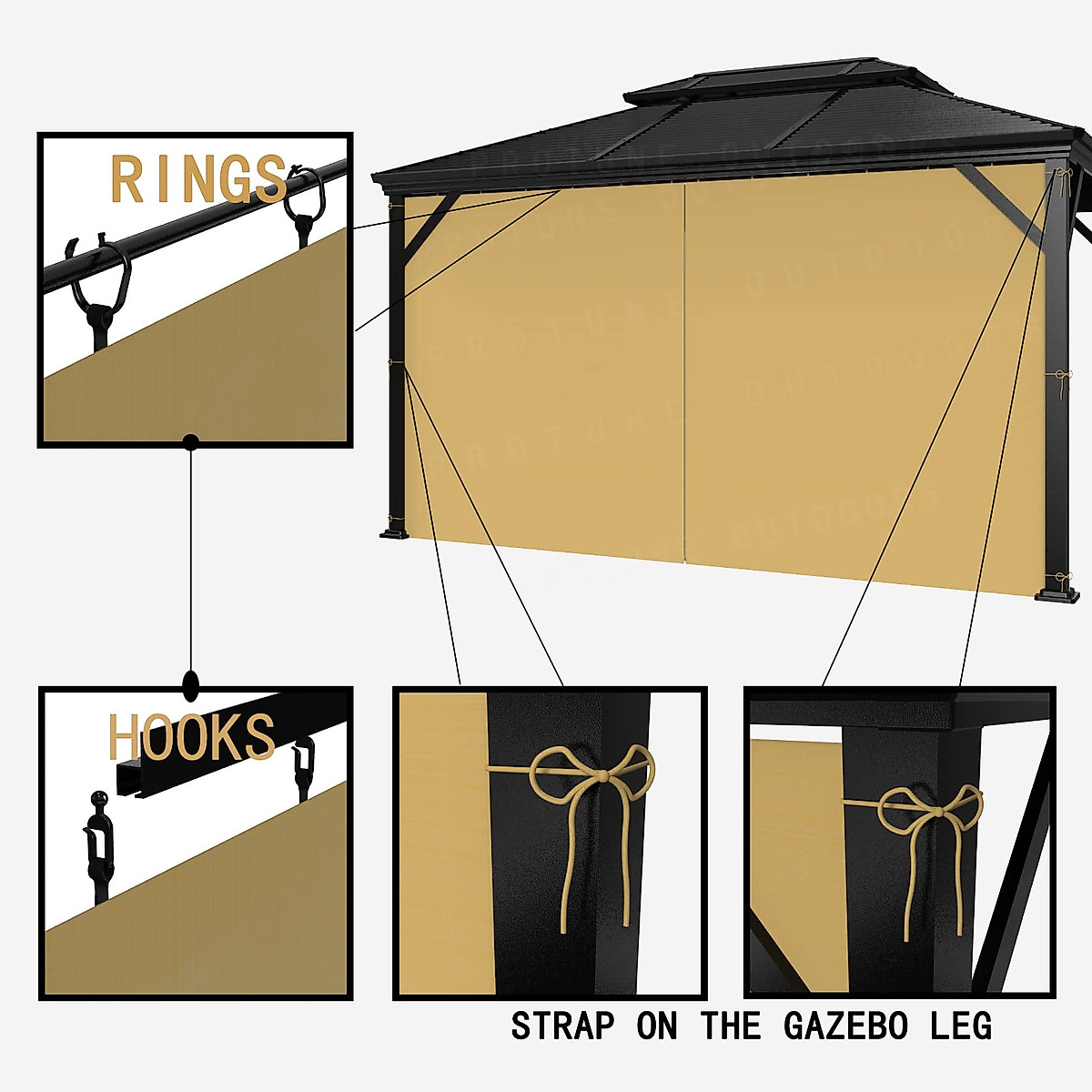 SunCula Replacement 10'x12'- One Panel Gazebo Curtain Waterproof, Universal Privacy Shade Curtains Side Wall with Zipper for Patio, Backyard, Garden 10'x12' or 12'x12' Outdoor -Khaki(Only Curtains)