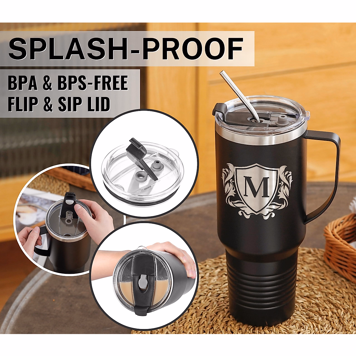 Personalized Coffee Mug with Initials, Monogrammed Travel Tumbler for Him, Custom Cups, Unique Birthday Christmas Gifts for Men Who Have Everything, 40 oz Insulated Travel Cup with Handle, L