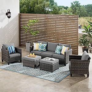 ovios Patio Furniture Set 5-Pieces Outdoor Wicker Sofa Couch with Comfortable Cushions Rattan Conversation Set for Backyard Deck Porch, Dark Grey