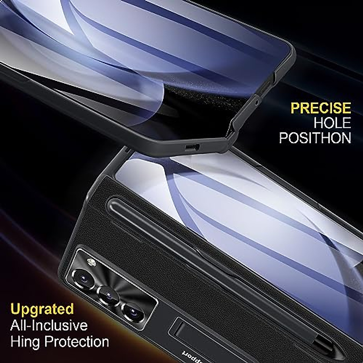 Fingic for Samsung Galaxy Z Fold 5 Case [with S Pen & Built in Screen Protector & S Pen Holder ] Kickstand Hinge Protection Military Grade Drop Tested 360° Full Body Protective Phone Case,7.6"(Black)