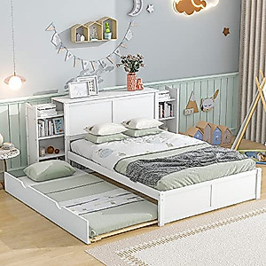 BIADNBZ Full Size Storage Platform Bed with Pull Out Shelves and Twin Size Trundle, Wooden Bedframe with Headboard, for Kids Teens Adults Bedroom, White
