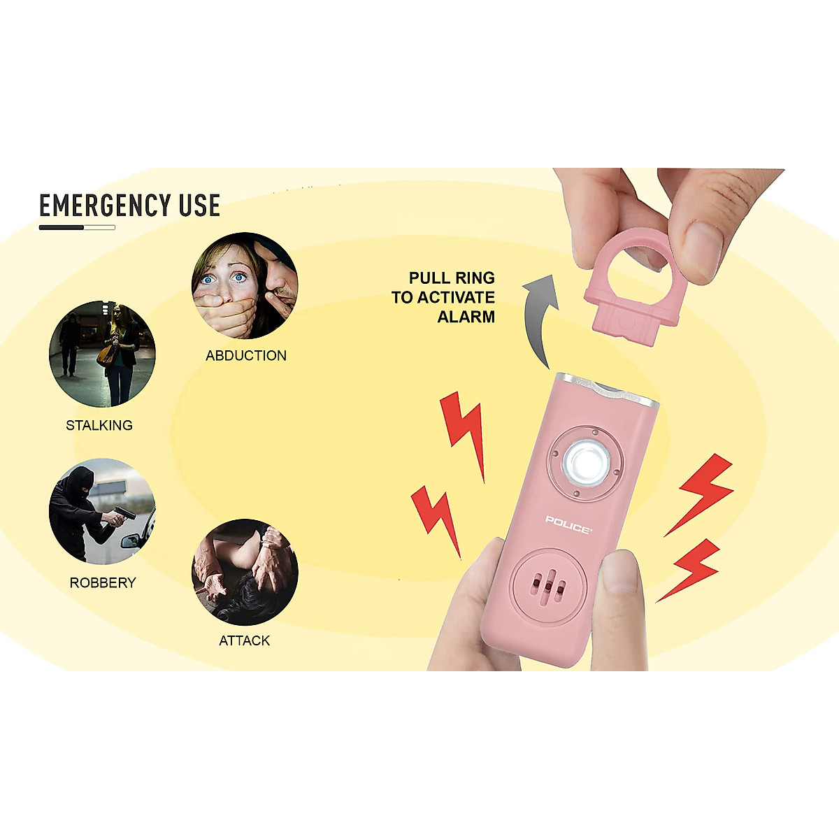 POLICE Personal Safety Alarm for Women – Loud Siren, Flashlight, Strobe Light and Key Chain Rechargeable, Pink
