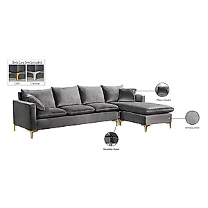 Meridian Furniture Naomi Collection Modern | Contemporary Velvet Upholstered REVERSIBLE Sectional with Rich Gold or Chrome Legs, Grey