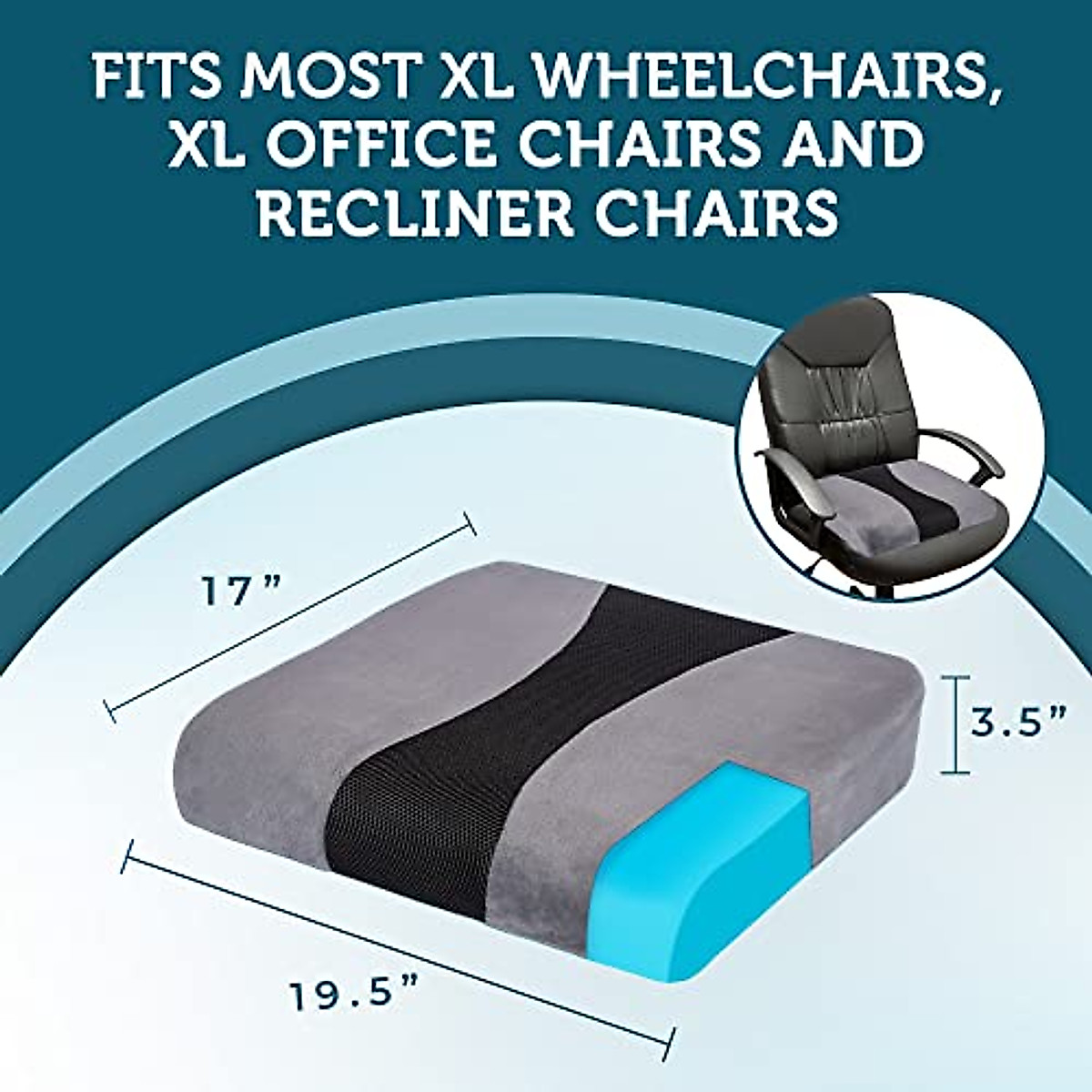 Large Seat Cushion for Wheelchairs, Office Chairs and Recliners - 19.5 x 17 x 3.5 Inch Large and Soft Cushion for Users up to 300lbs - Relieves Sciatica, Tailbone and Back Pain