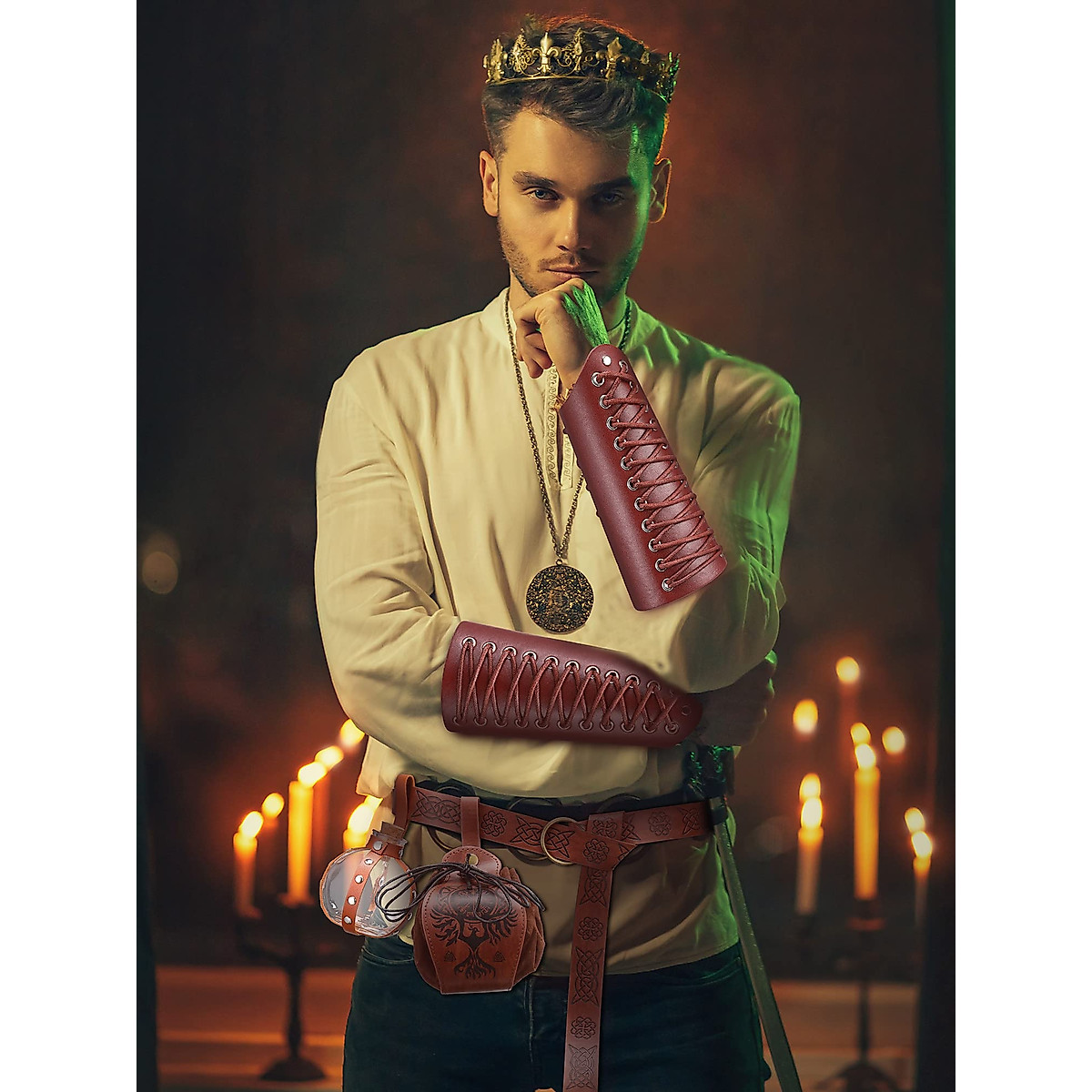 Medieval Faux Leather Set Adults Faux Leather Arm Guards Drawstring Faux Leather Pouch Halloween Dark Magic Cork Potion Bottle Knight Leather Belt Brown