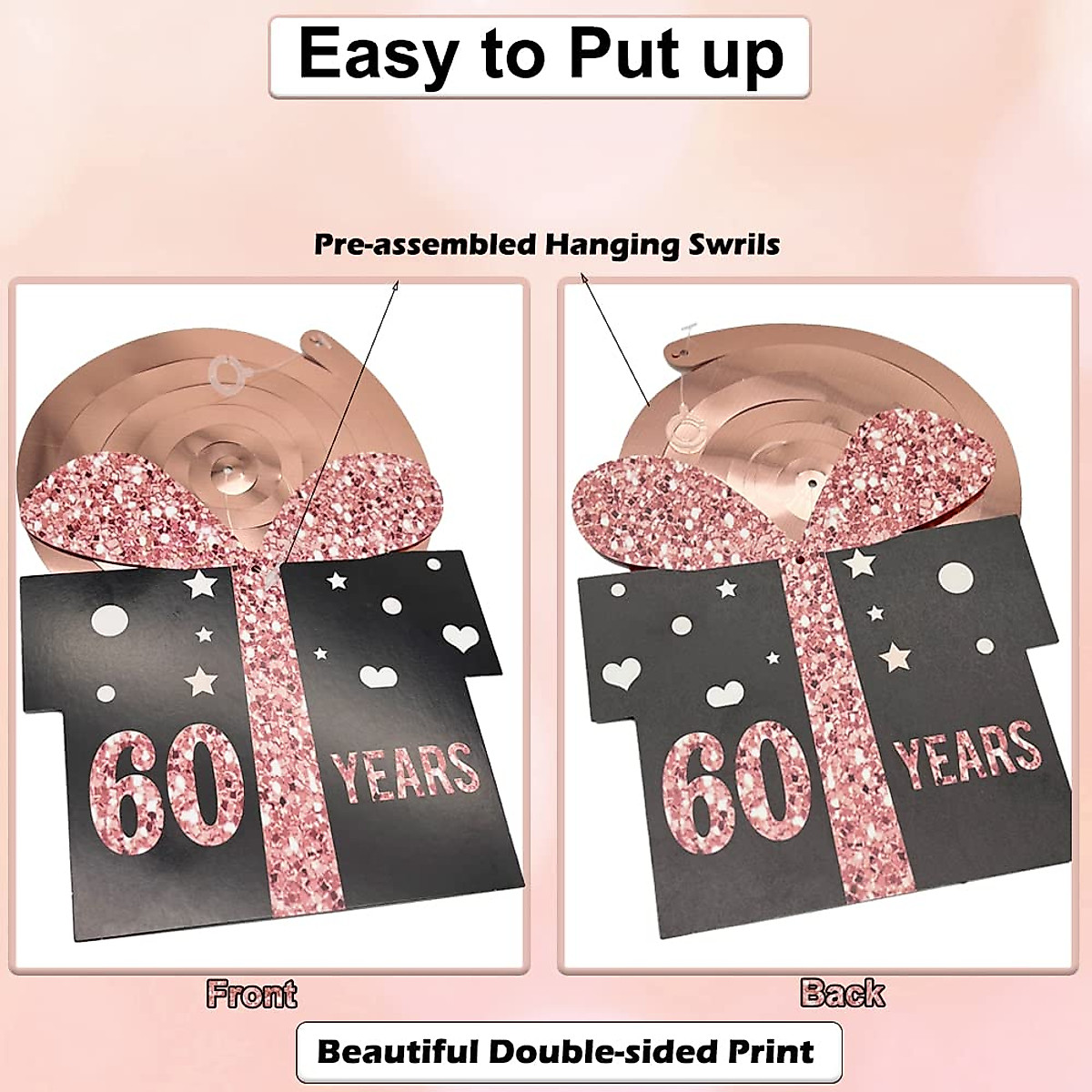 WOJOGO 60th Birthday Decorations Women, Rose Gold & Black Happy 60th Birthday Decorations Kit, Happy 60th Birthday Banner Hanging Swirls Birthday Cake Topper Balloons for Party Supplies