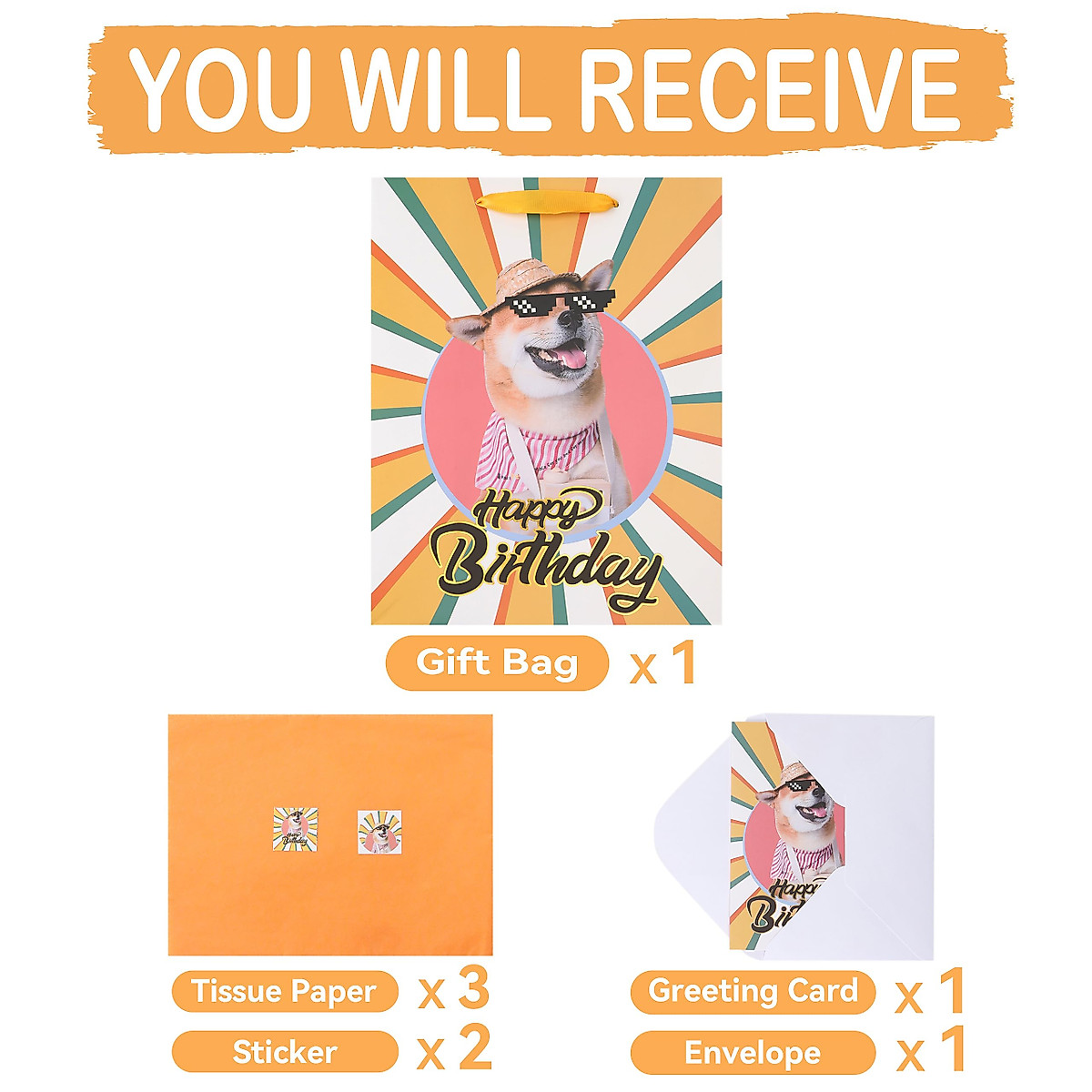 13” Large Yellow Happy Birthday Gift Bag Set with Handles, Greeting Card, Tissue Papers and Stickers for Women Girls Men Boys, Dog Design, 1 Pcs