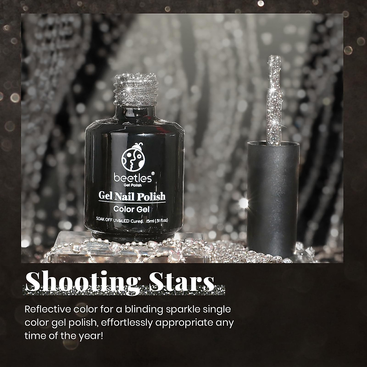 Beetles Black Glitter Gel Nail Polish, 1Pcs 15ML Glitter Gel Nail Polish Black Sparkle Reflective Shimmer Color Soak Off UV Lamp Disco Gel Polish Nail Art Manicure Salon DIY at Home Gifts for Her