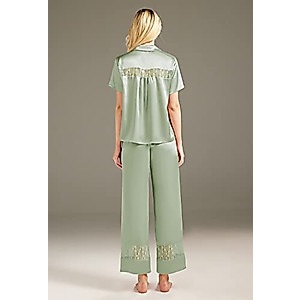 AW BRIDAL 2Pcs Sexy Womens Pajama Sets - Short Sleeve Silk Pajamas Long Pj Pants With Lace, Button Up Pajamas For Women, Sage Green, S| Clever Bridal Shower Gifts Bachelorette Gifts For Bride Pajamas