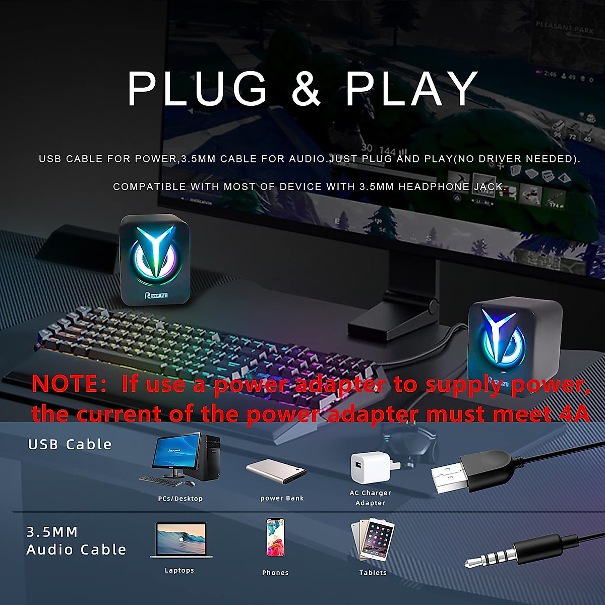 RECCAZR Computer Speakers, 2.0CH PC Speakers with RGB Lights, in-line Volume Control, 6W USB Powered Stereo Desktop Speakers with 3.5mm AUX for PC/Laptop/Projector/Tablet/Cellphone