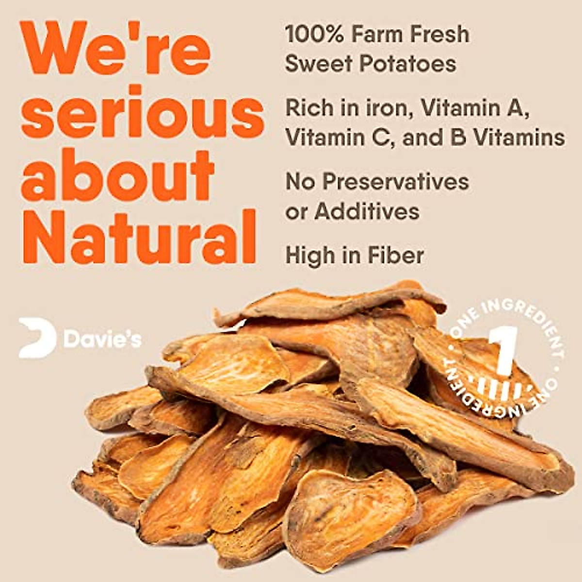 Davie's Sweet Potato Dog Treats, Made in The USA, High in Fiber, Grain Free, Vegan, No Preservatives, Vegetarian Alternative to Rawhide Chews, Rich in Vitamins, Large 1 lb. Bag